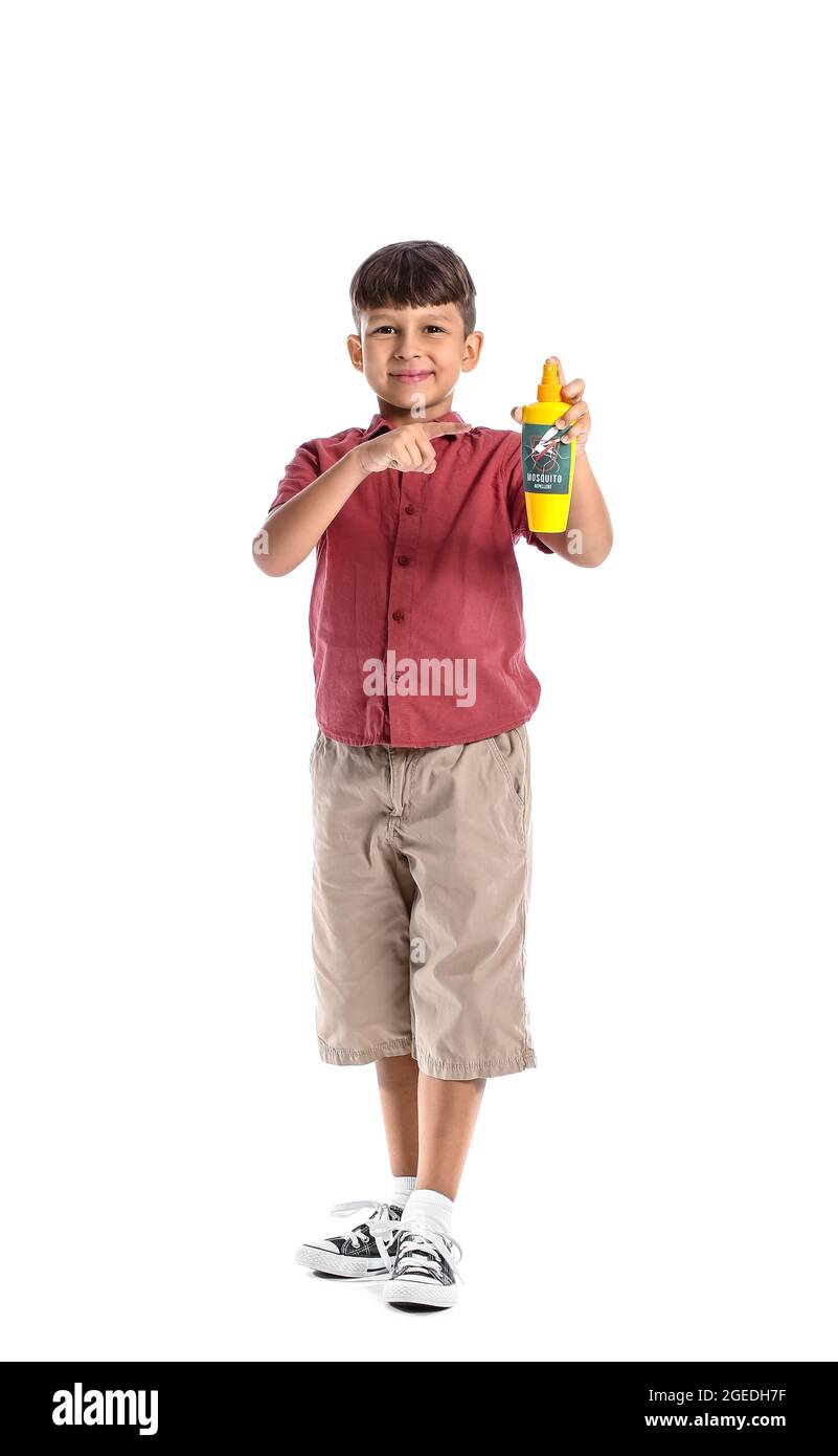Little boy with mosquito repellent on white background Stock Photo - Alamy