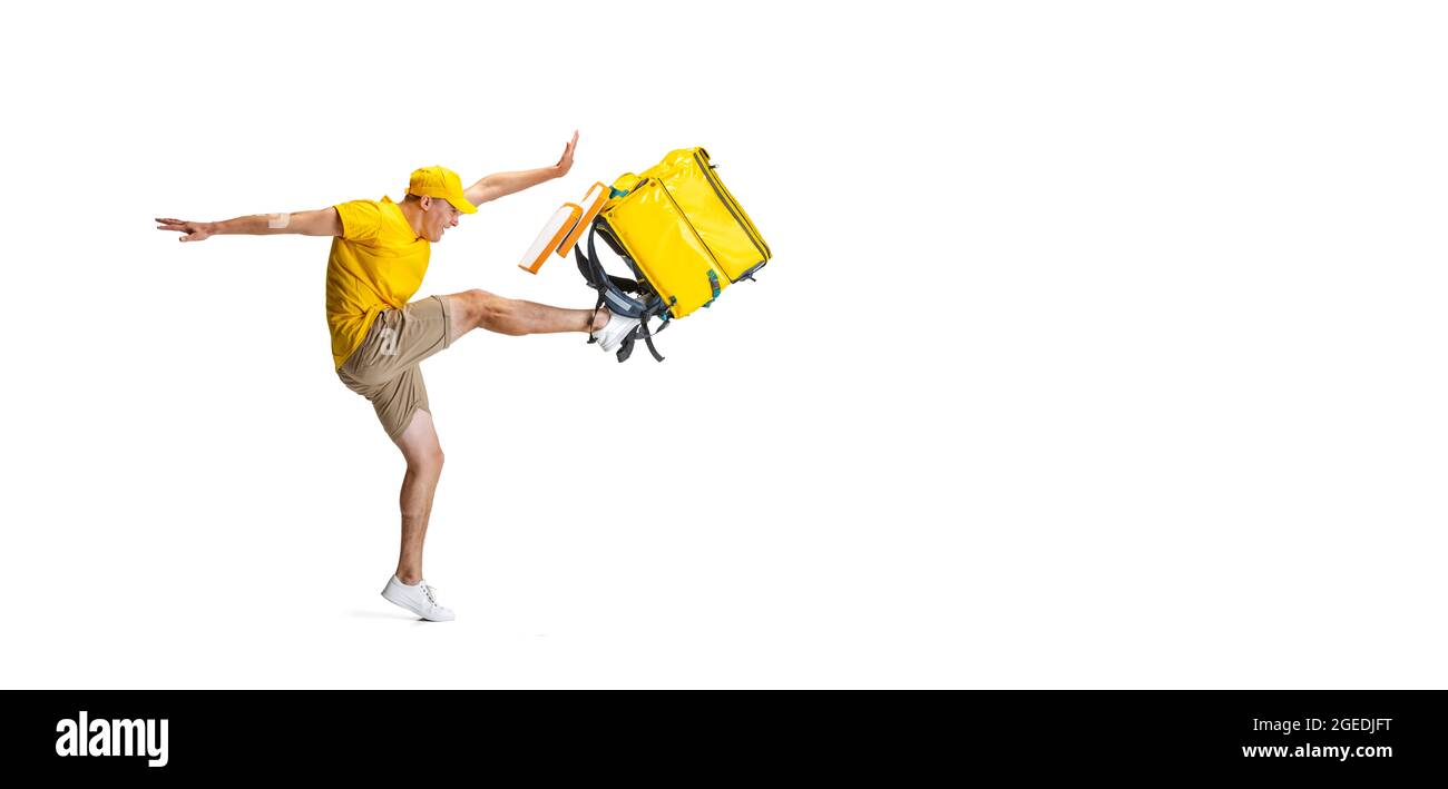 Flyer with young delivery man in yellow uniform deliver order of pizza ...