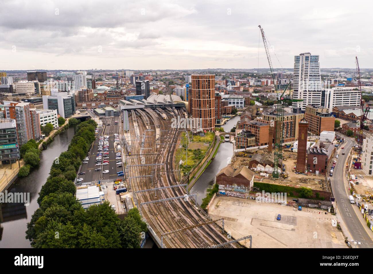 LEEDS, UK - AUGUST 14, 2021. An aerial view of Leeds city centre and ...