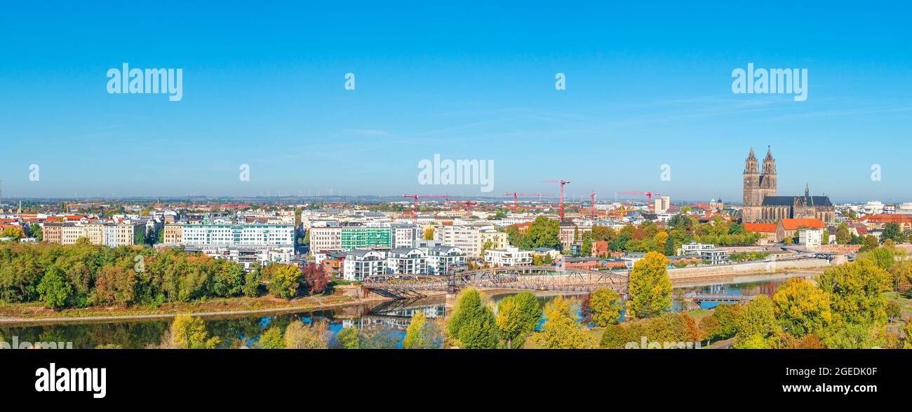 Panoramic bird view at Cathedral of Magdeburg, modern luxury houses and ...