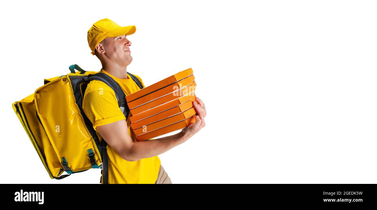 Flyer with young delivery man in yellow uniform deliver order of pizza ...