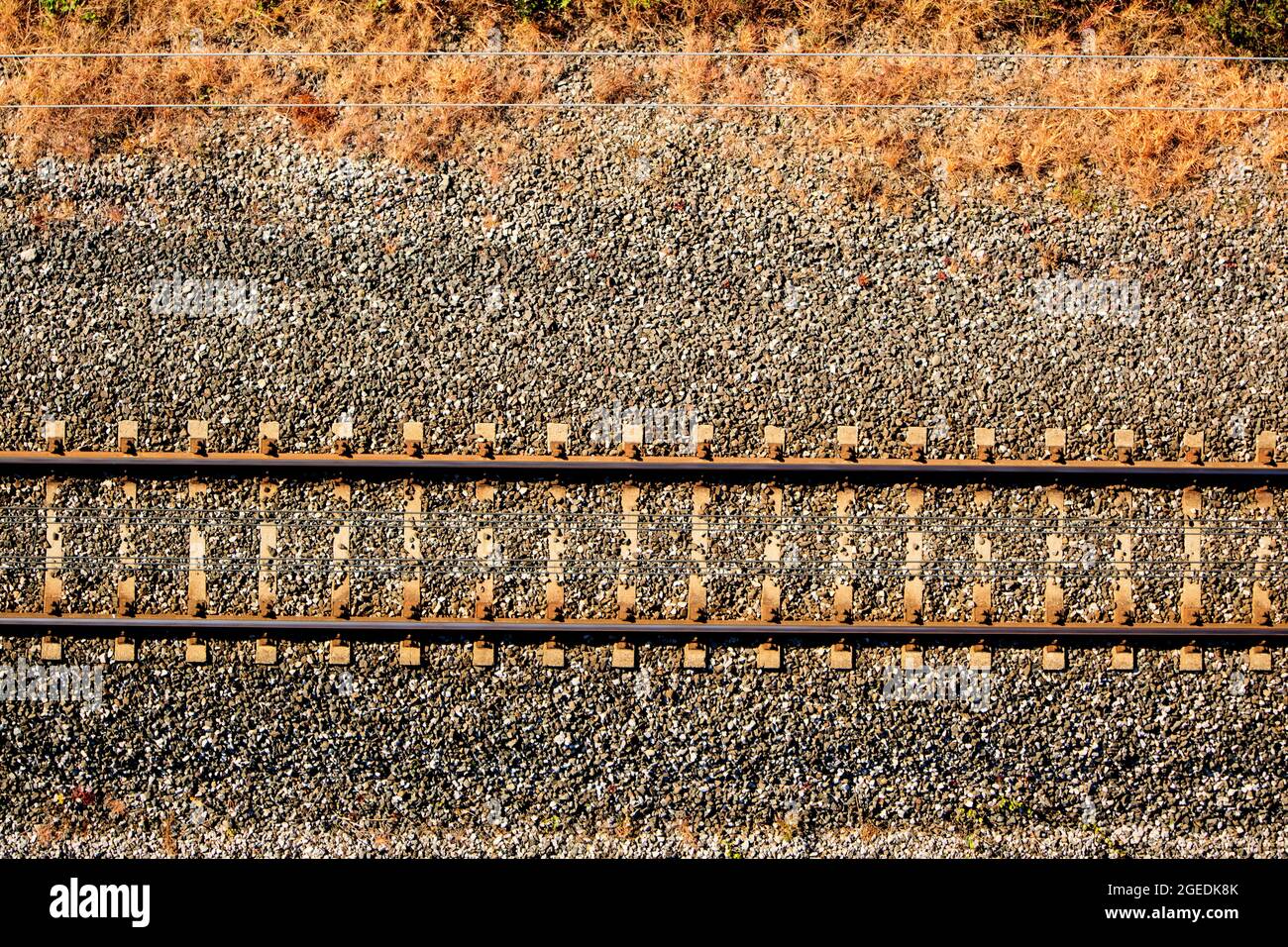 Top view of a section of railway composed of a single track Stock Photo ...