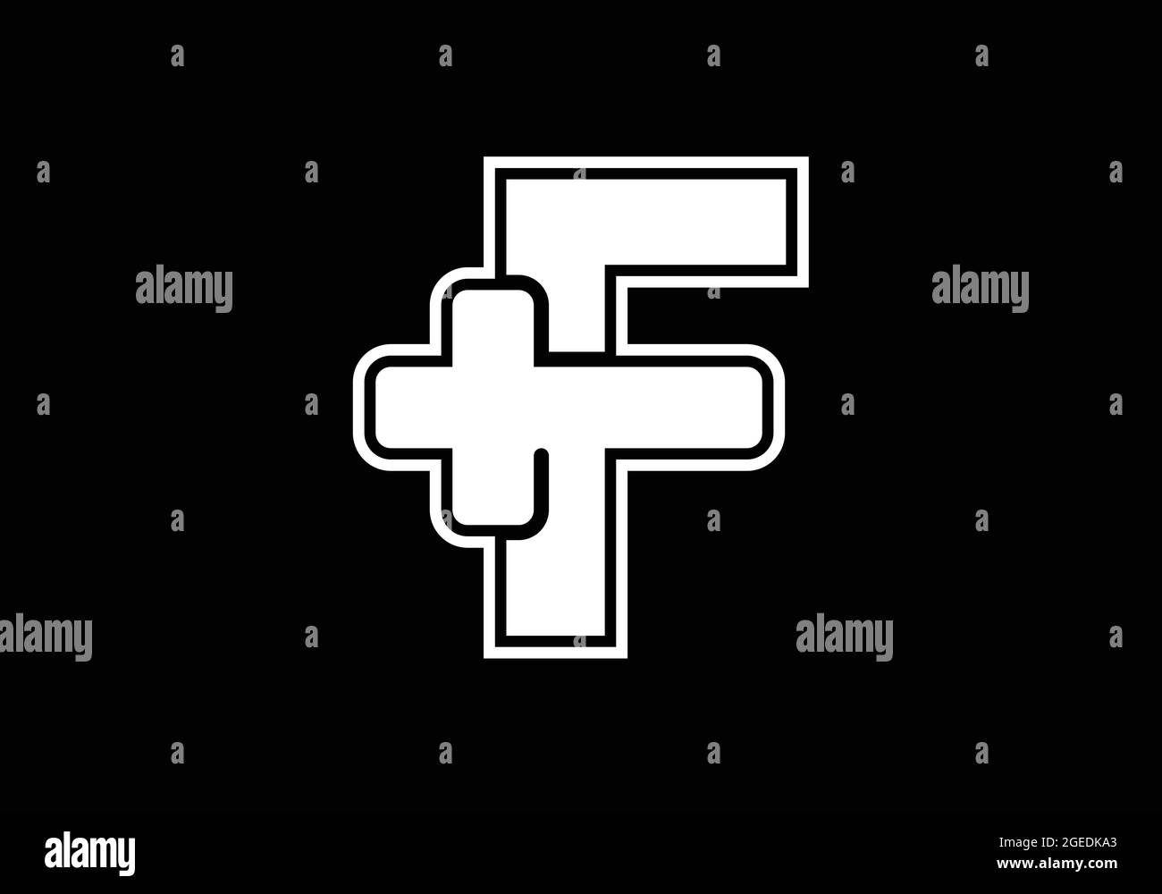 Initial F monogram alphabet with a plus logo sign white in black ...