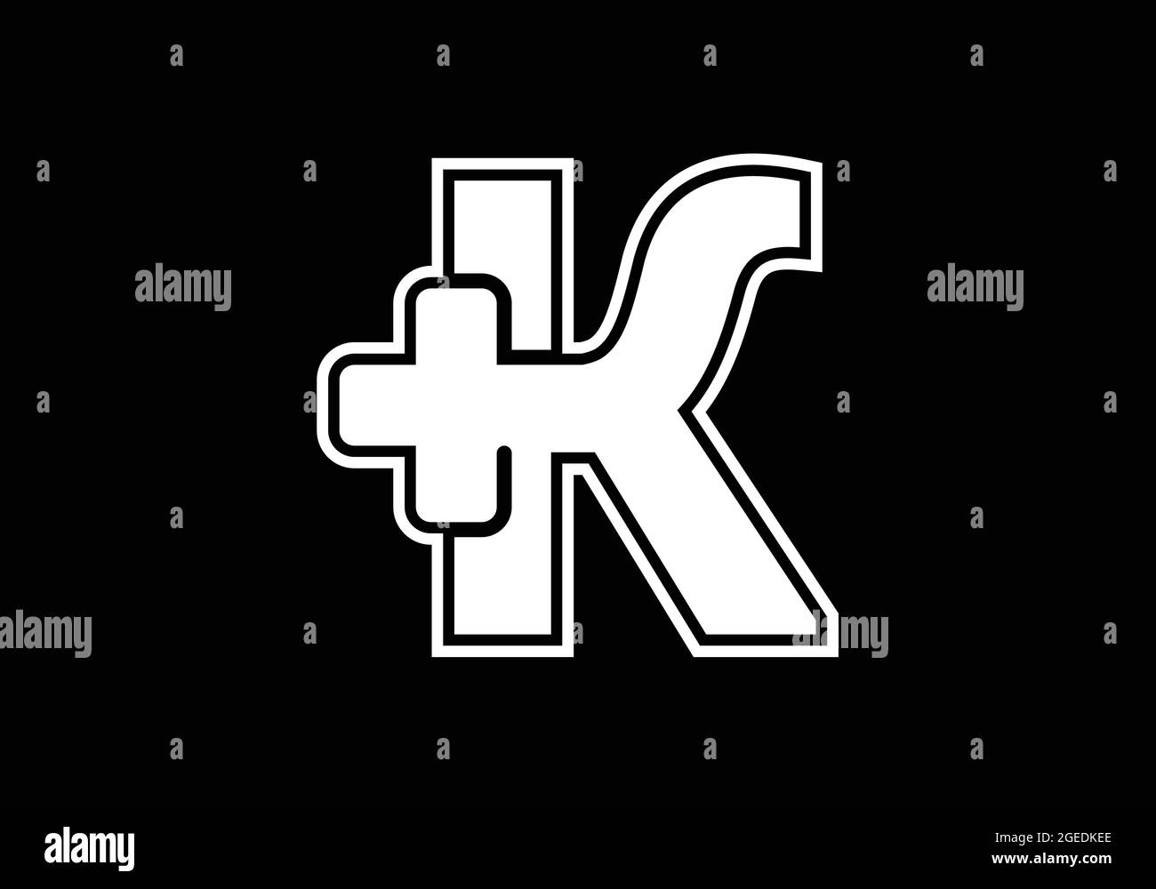 Initial K monogram alphabet with a plus logo sign white in black ...