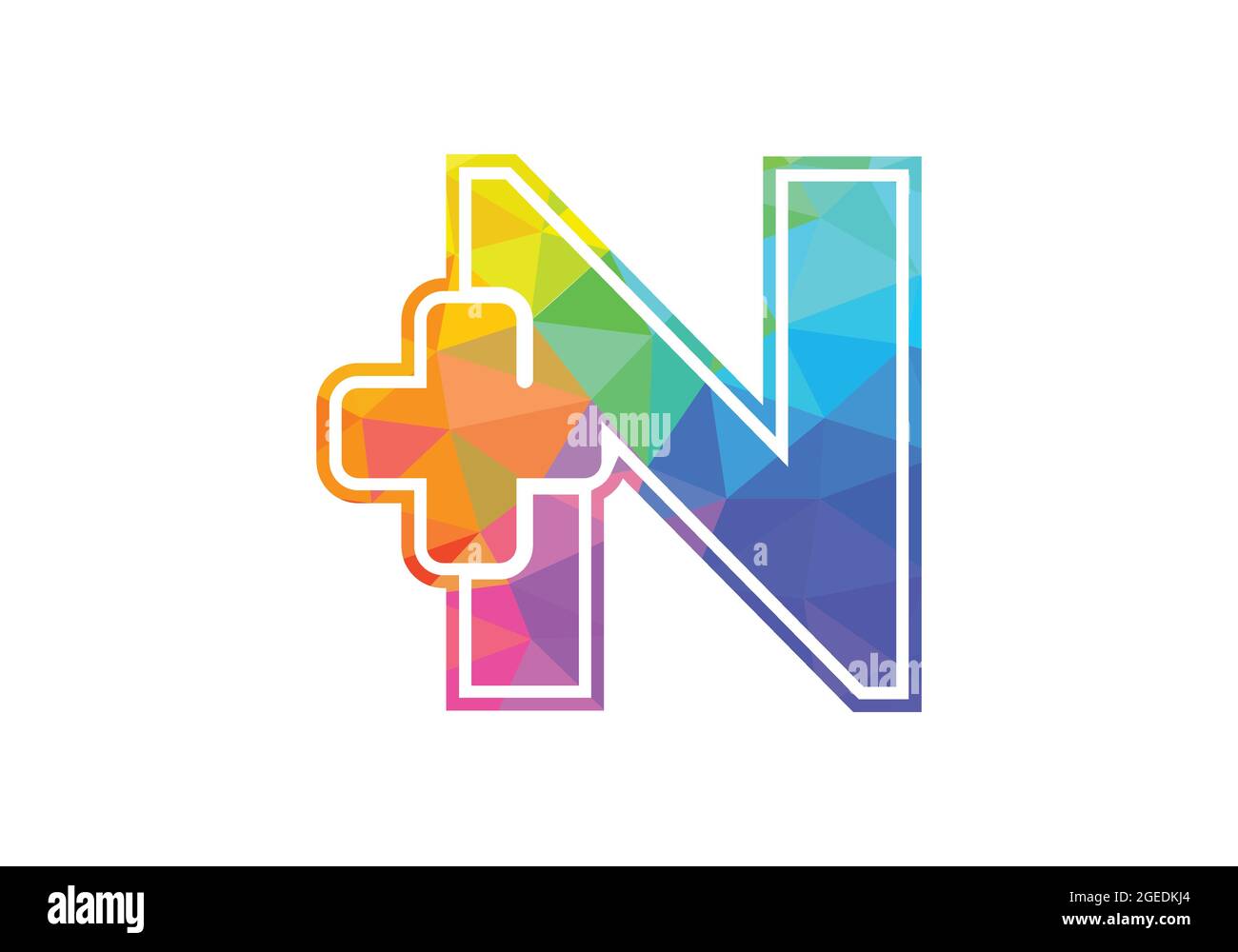 Initial N monogram alphabet with a plus logo sign. Low poly art style ...