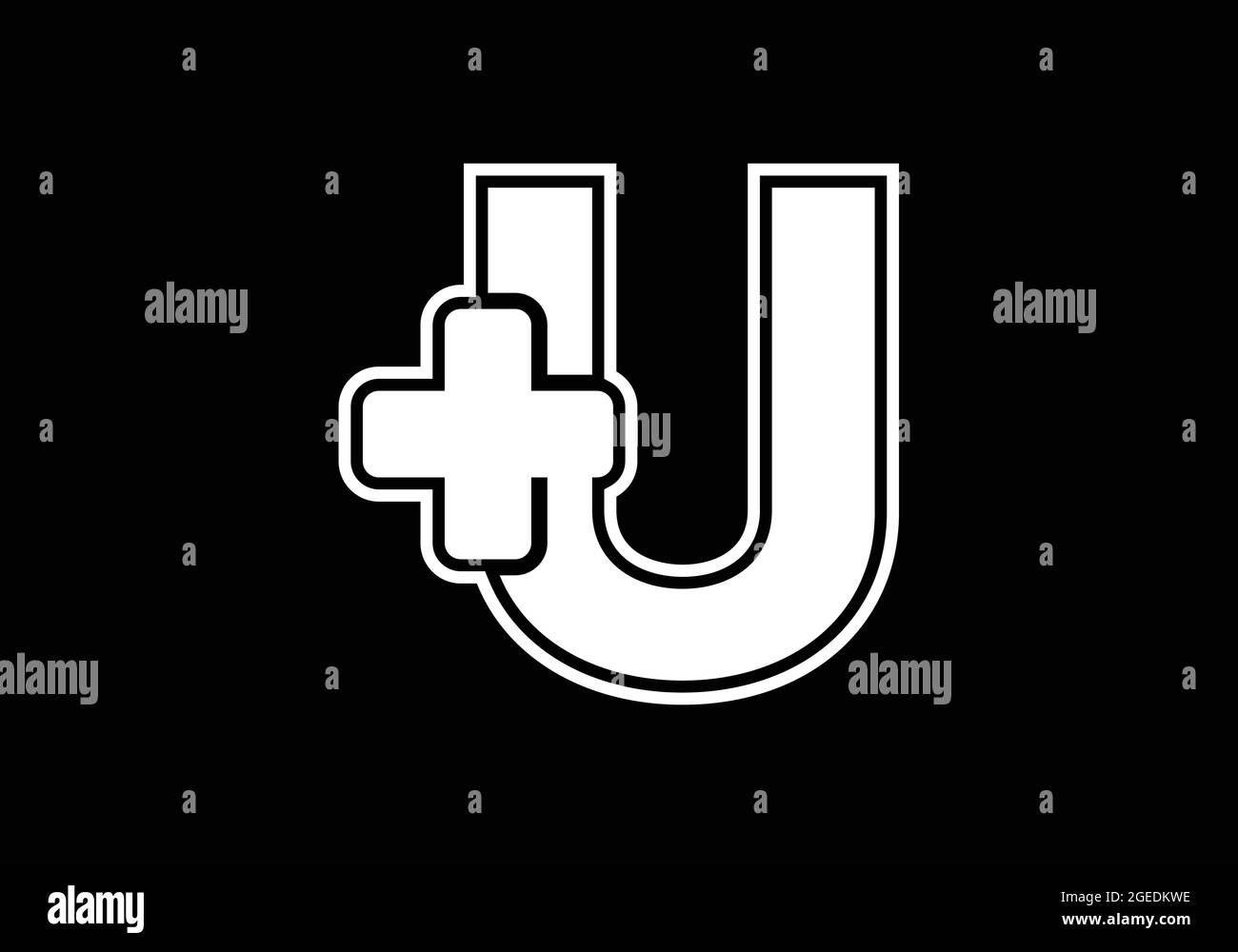 Initial U monogram alphabet with a plus logo sign white in black ...