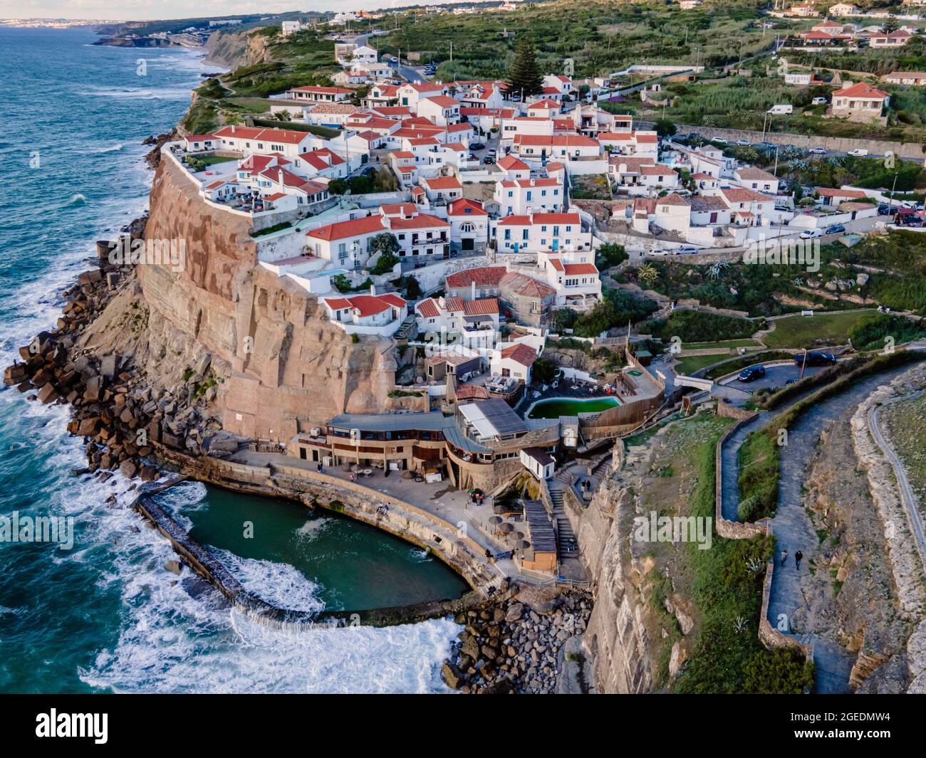 Aerial view of Azenhas do Mar, a small township along the Portuguese ...