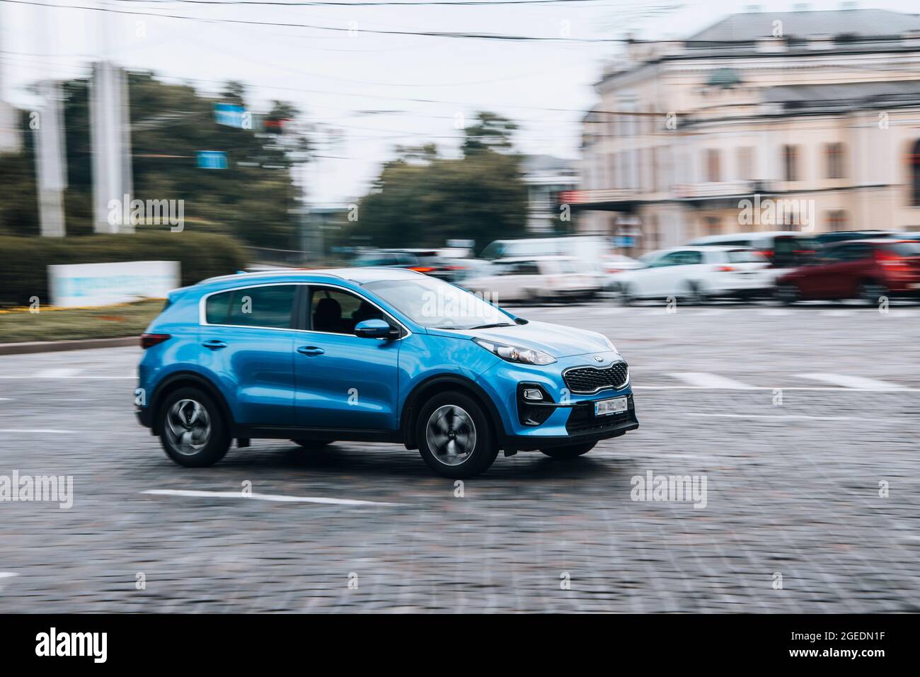Ukraine, Kyiv - 2 June 2021: Light Blue KIA Sportage car moving on the ...