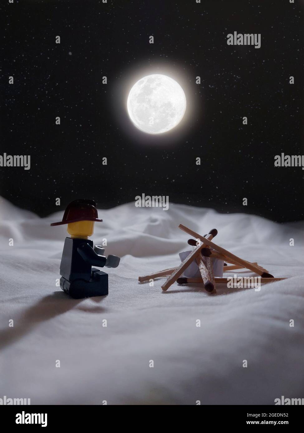 BANGALORE, INDIA - Jun 18, 2021: Lego toy man in camp with bonfire and ...