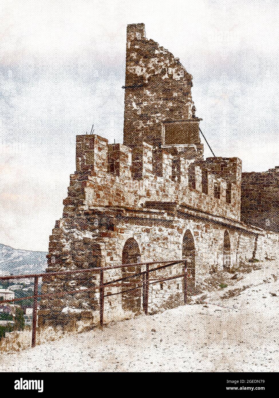 An ancient ruined fortress against the sky. The wall of a medieval ...