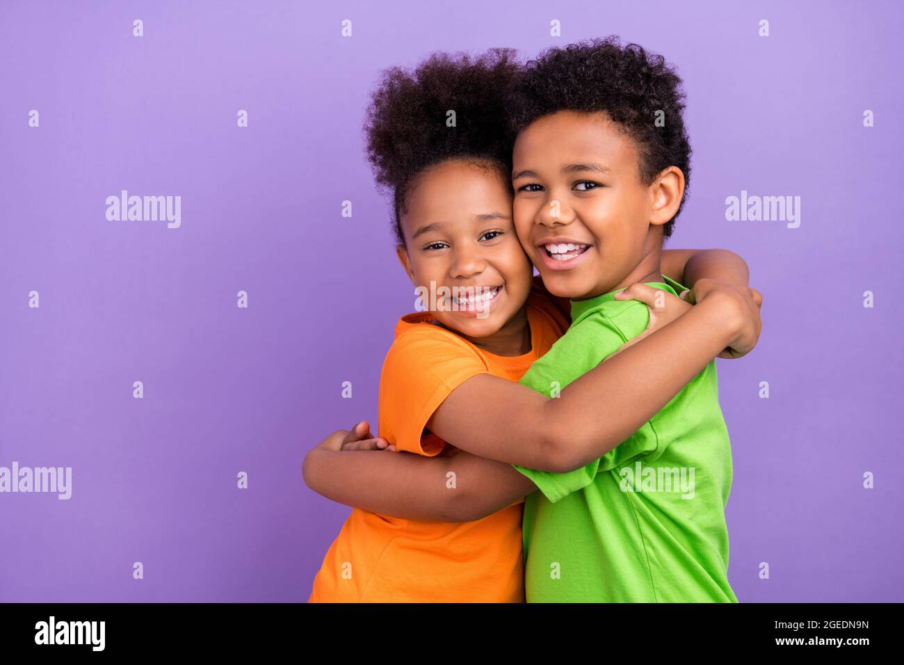 Profile side photo of two young little afro kids happy positive smile ...