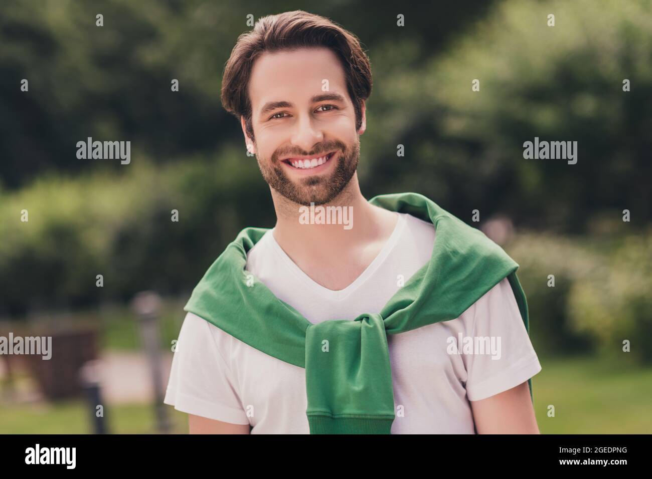 Photo of young handsome cheerful man happy positive toothy smile walk ...