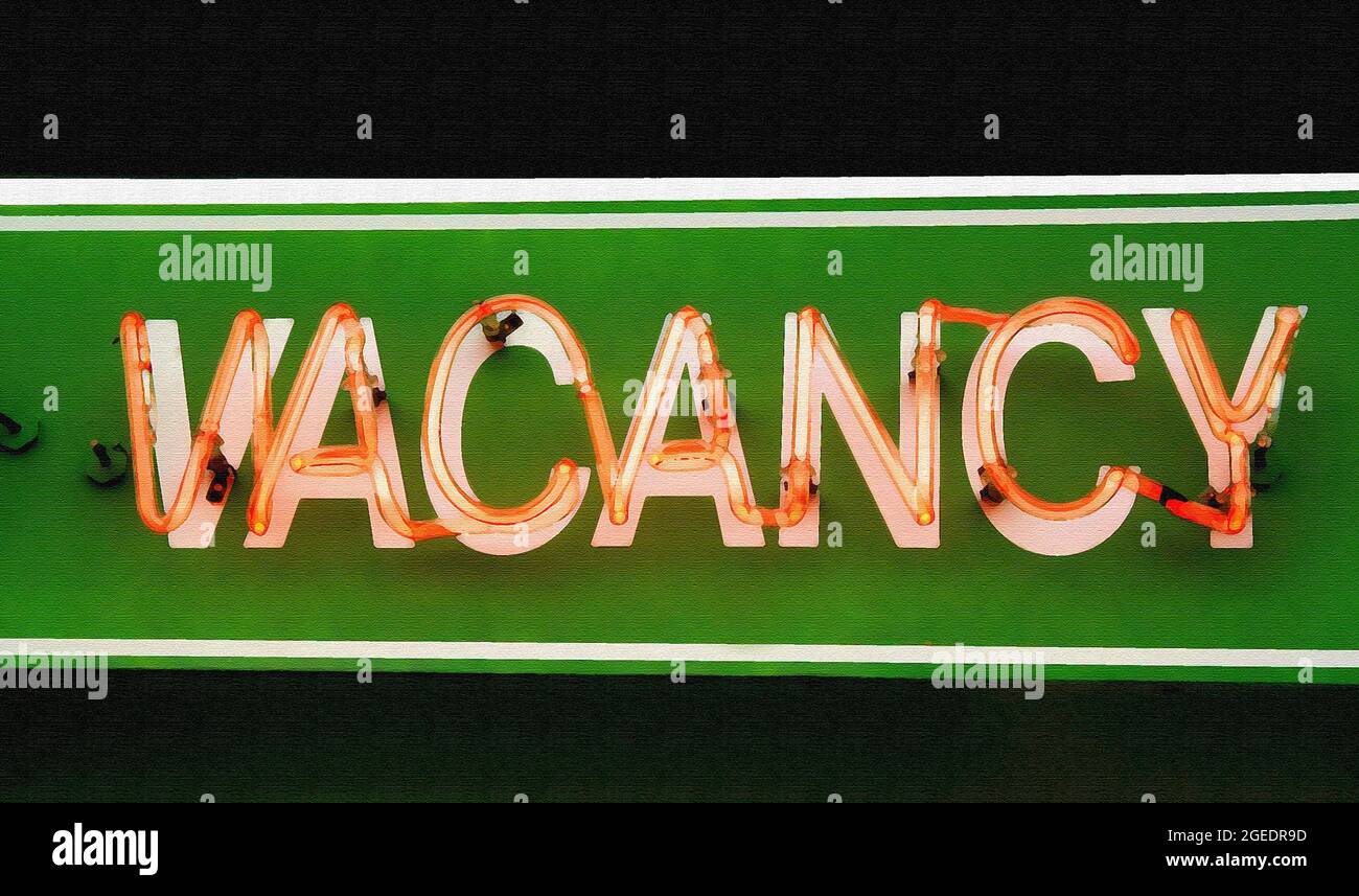Abstract illustration of a neon lit vacancy sign. Sign is green with ...