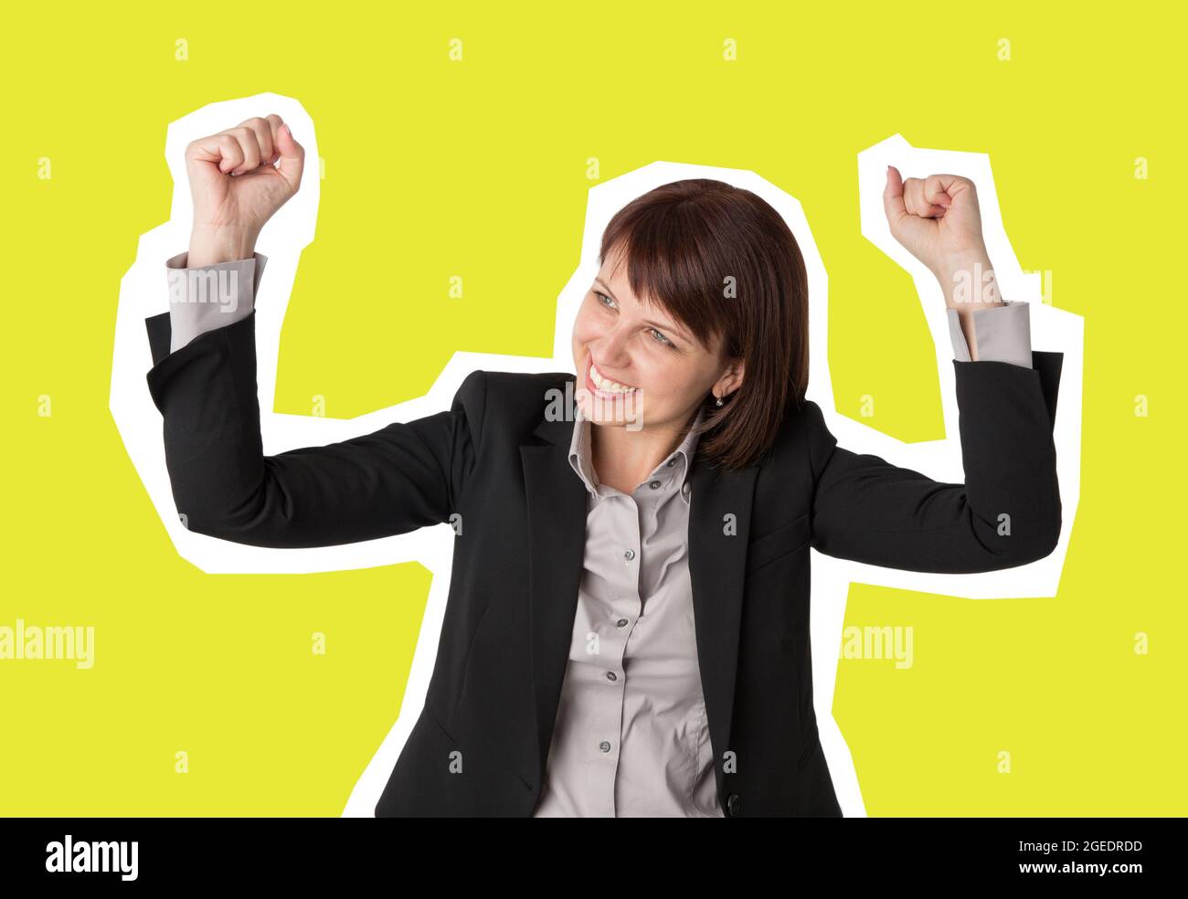 Smiling and excited young woman showing happiness and success. Magazine ...