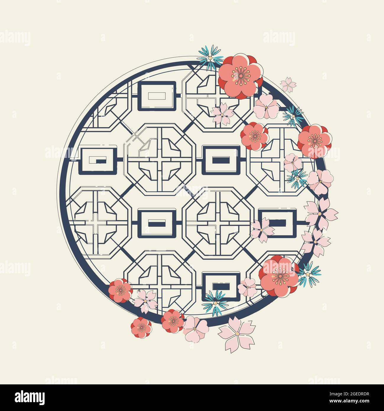 Chinese traditional window. Round frame in flowers. Hand drawing of a ...