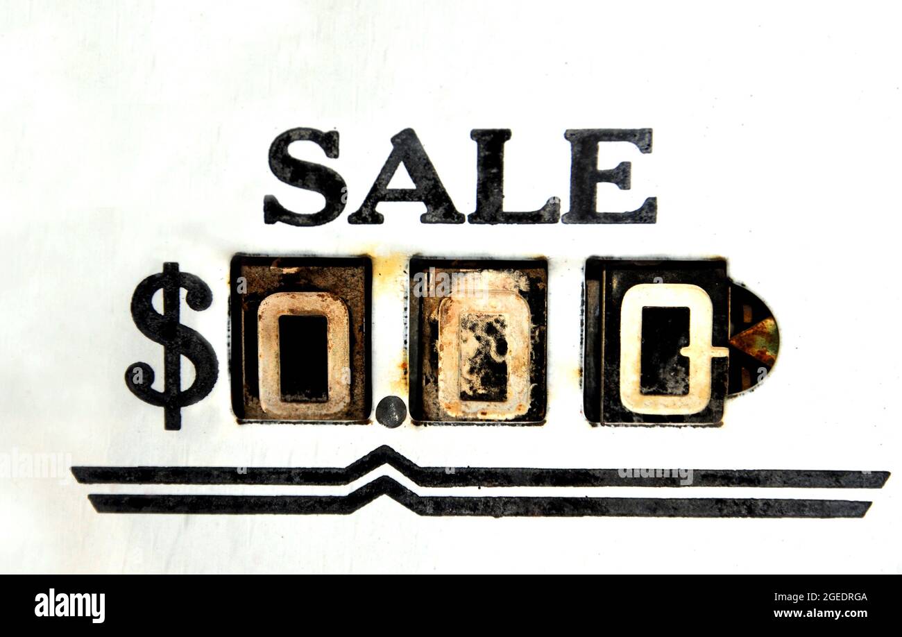 Gasoline sale on a vintage gas pump shows a zero sale. Closeup shows ...
