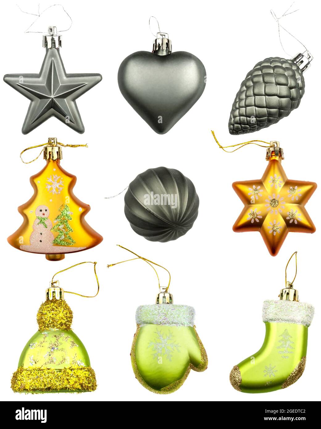 Set of 9 Christmas tree ornaments of yellow, green and dark gray colors ...
