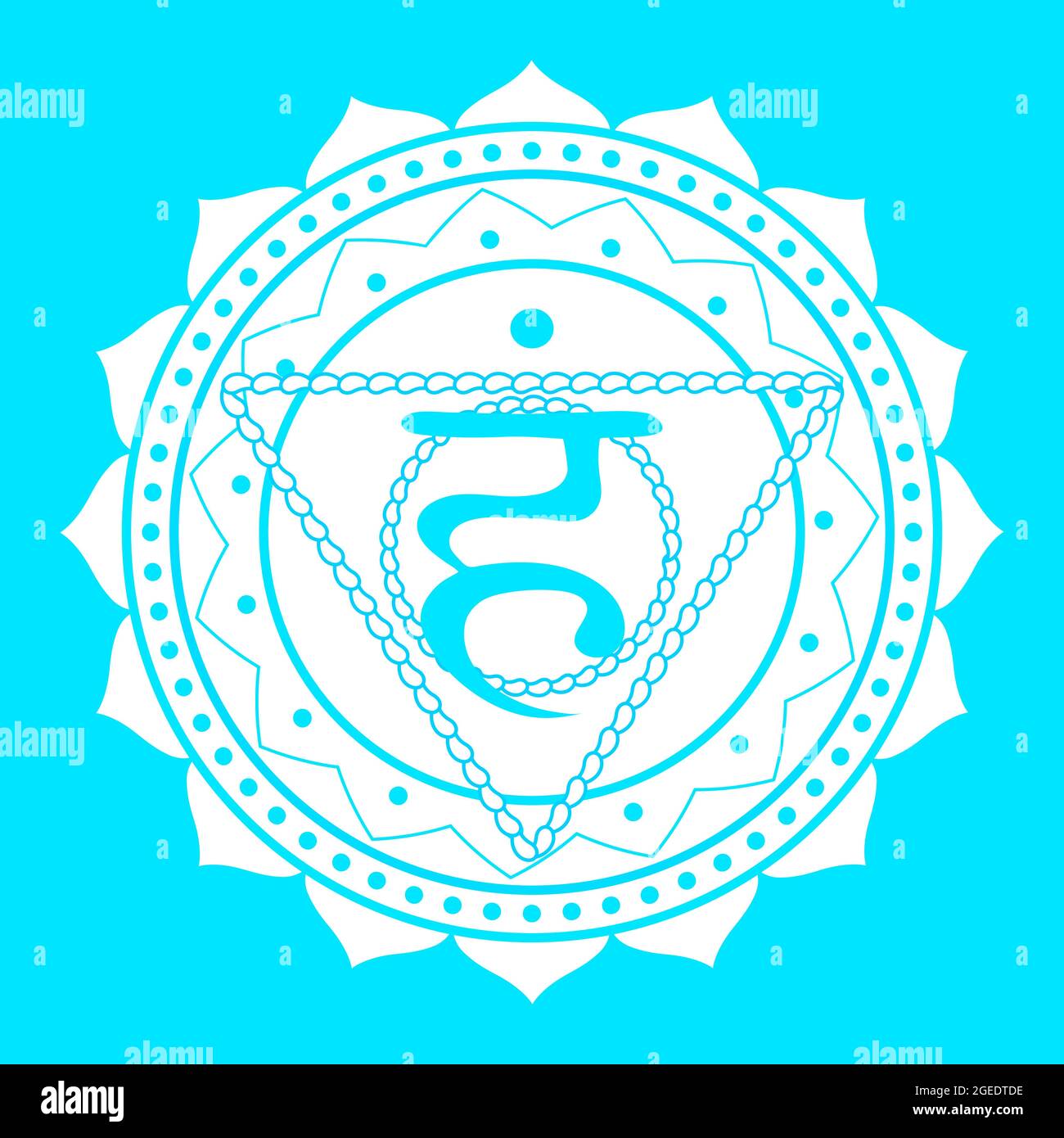 The fifth chakra of Vishudha. Throat chakra with Hindu Sanskrit. Blue ...