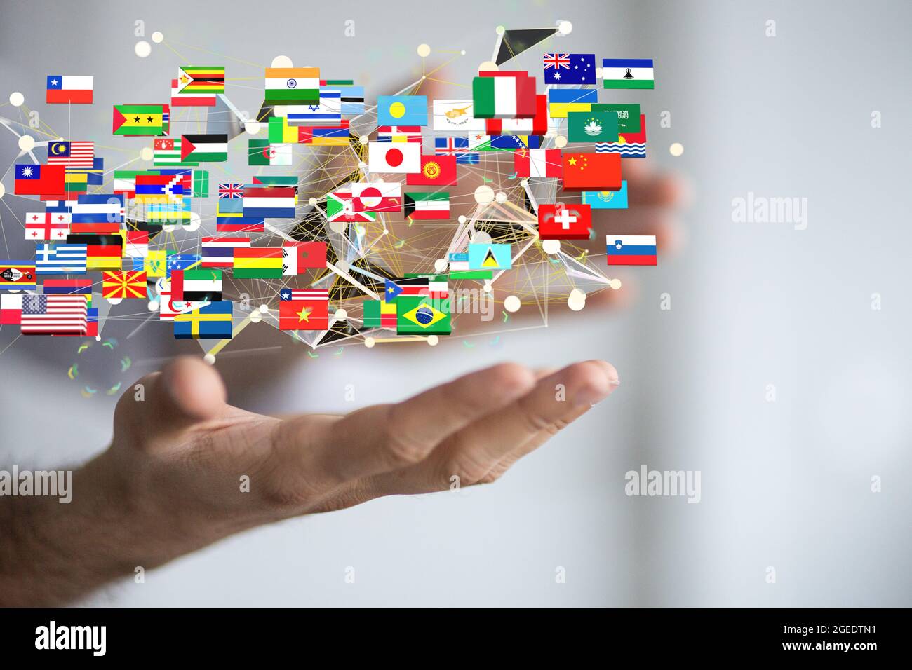 Digital illustration of national flags of the countries in 3d in a hand ...