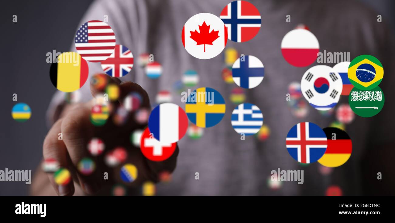 3D render of national flags of the world - global communication and ...