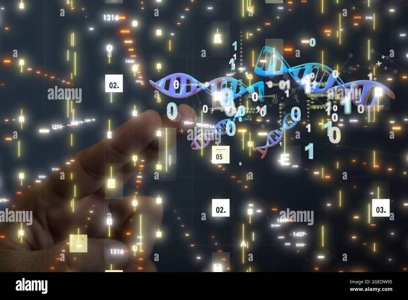 3D render of a DNA sequence and binary code Stock Photo - Alamy
