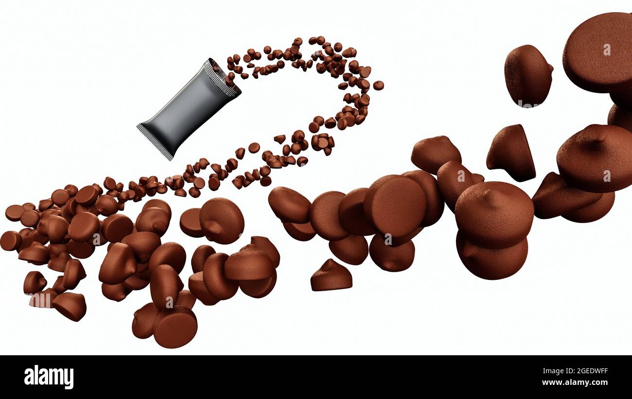 Illustration of Chocolate chips spilling out of a snack wrapper pack ...