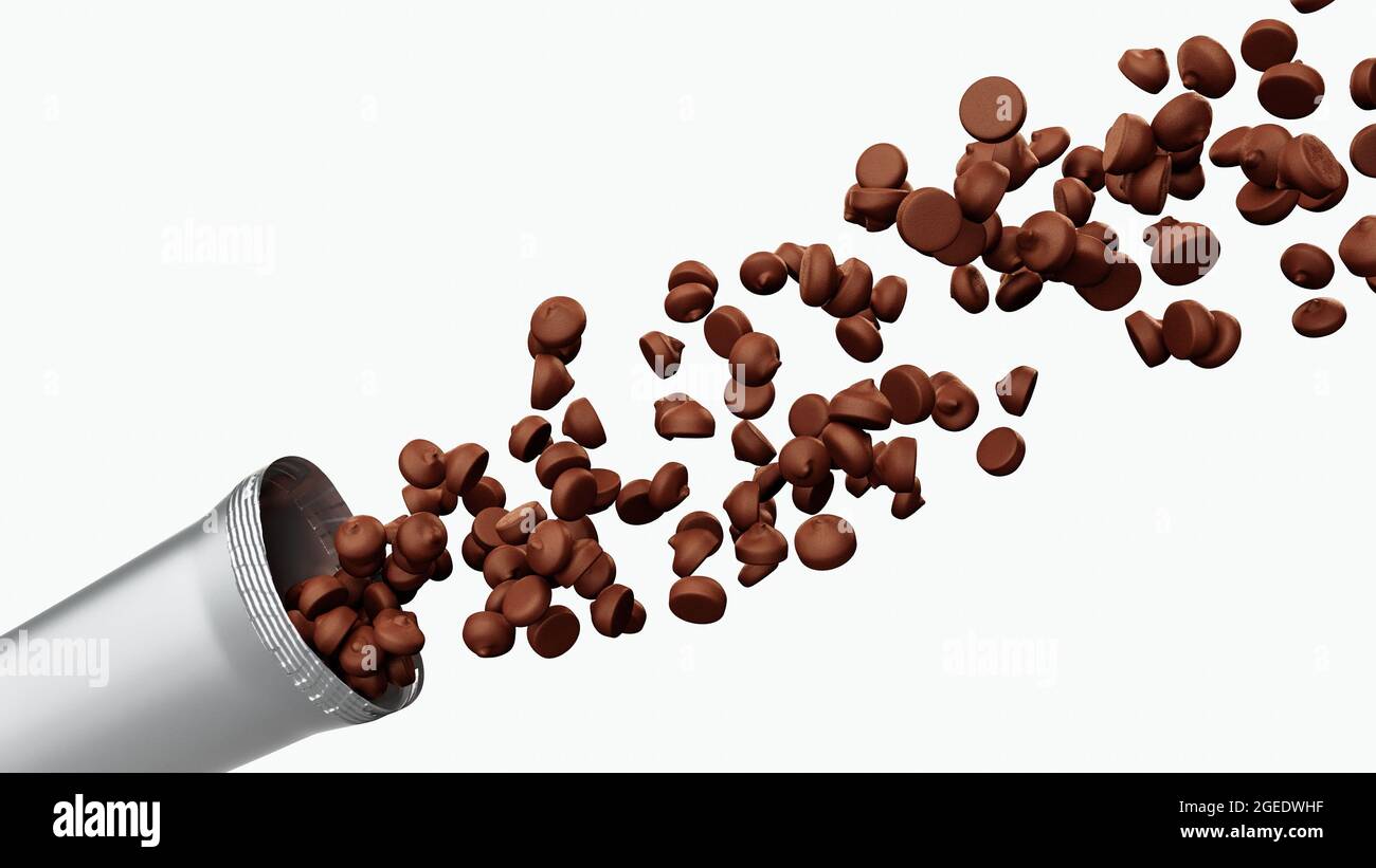 Illustration of Chocolate chips spilling out of a snack wrapper pack ...