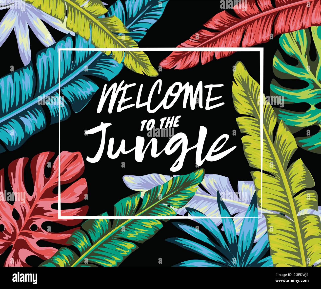 welcome to the jungle banner, vibrant palm leaf appliques and tropical ...