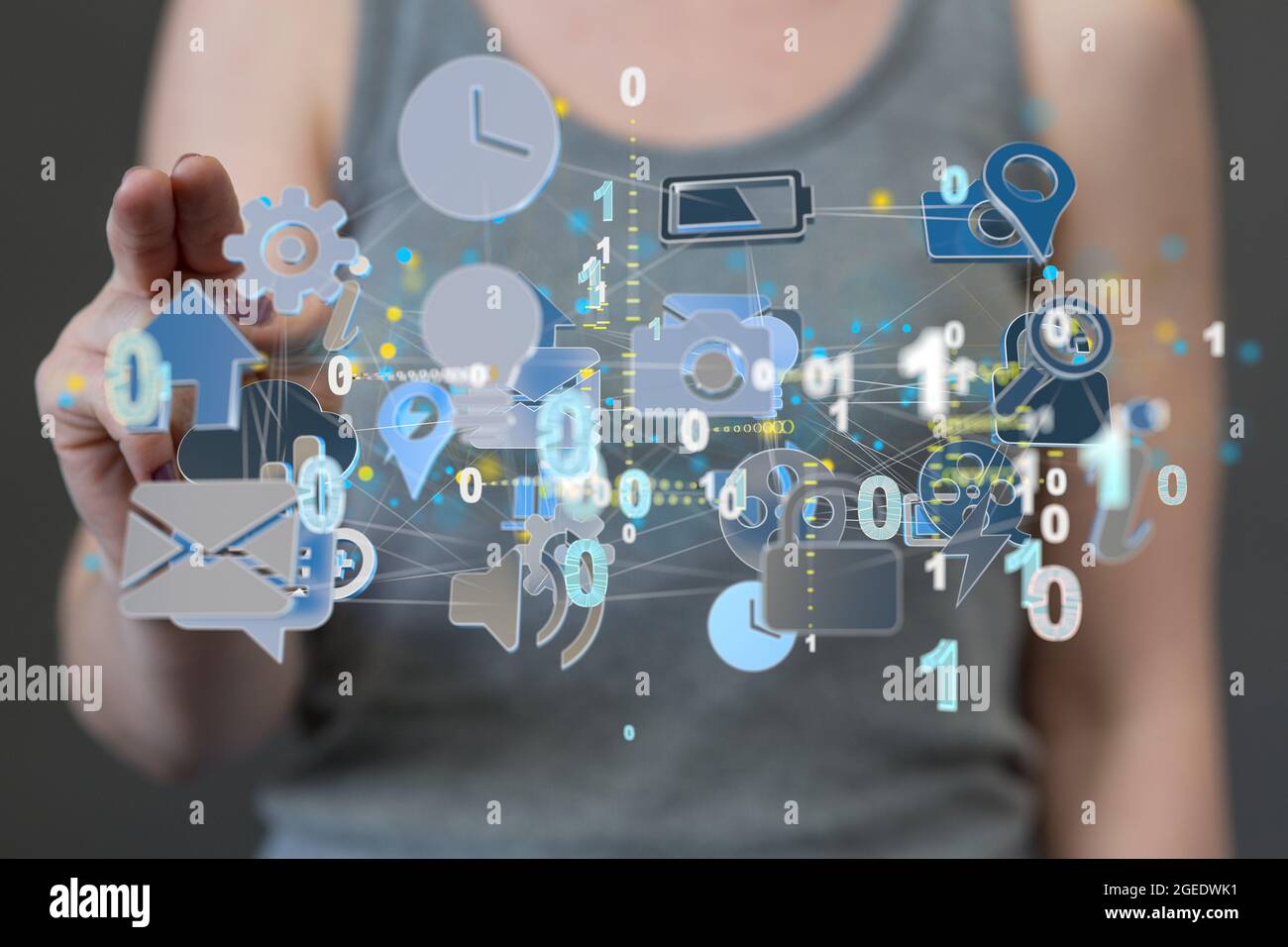 Digital illustration of a data cloud storage network concept and binary ...