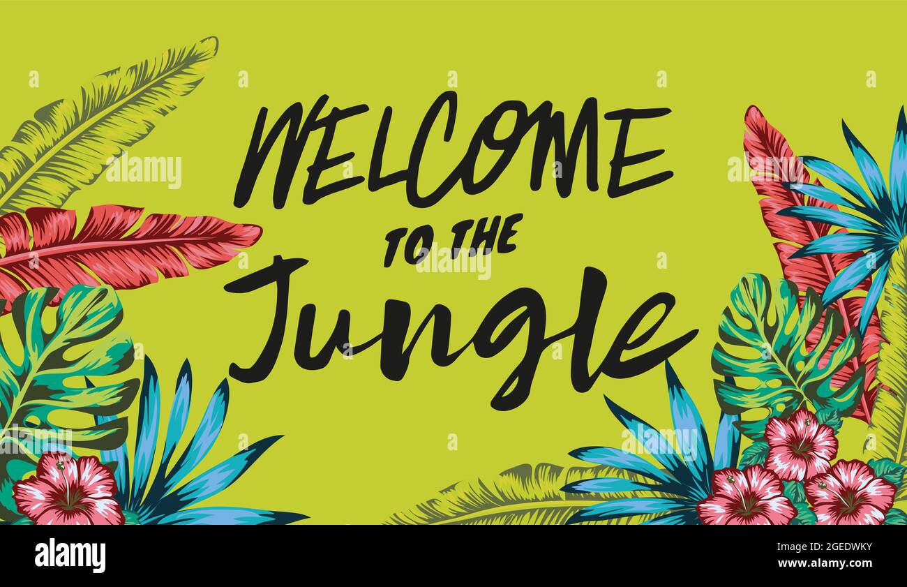 welcome to the jungle banner, vibrant palm leaf appliques and tropical ...