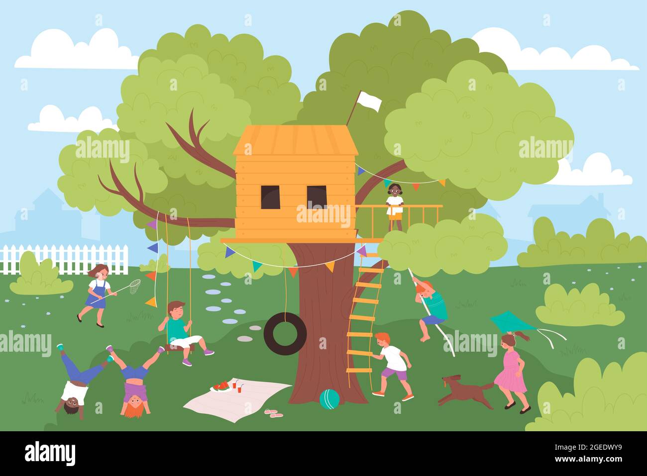 Happy children play on treehouse playground in summer nature park ...