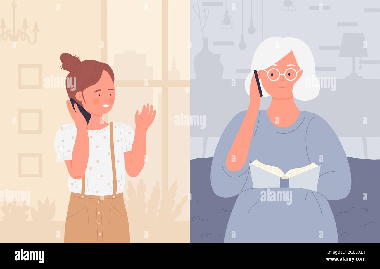 Family call, grandmother talking to grandchild on phone vector ...