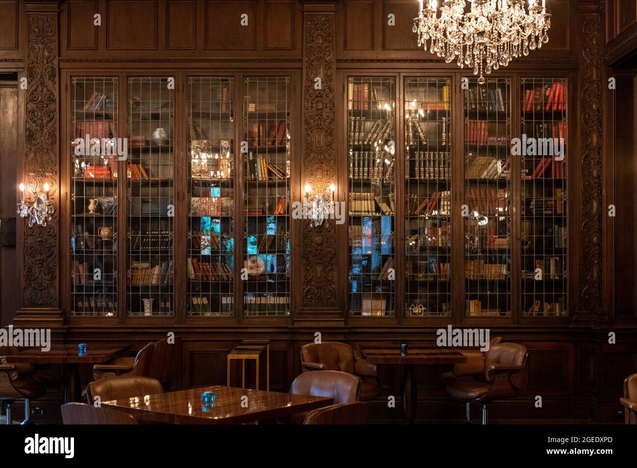 Close-up of library shelves in Casa Loma. Casa Loma is a Gothic Revival ...