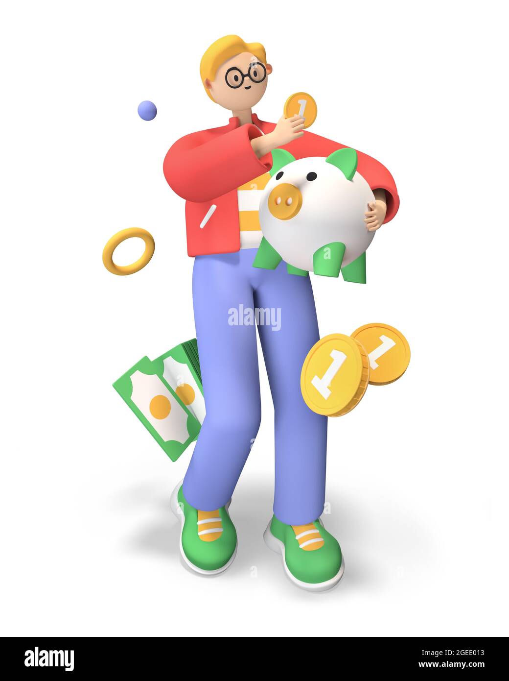 Putting money in a piggy bank - colorful 3D style illustration, cartoon ...