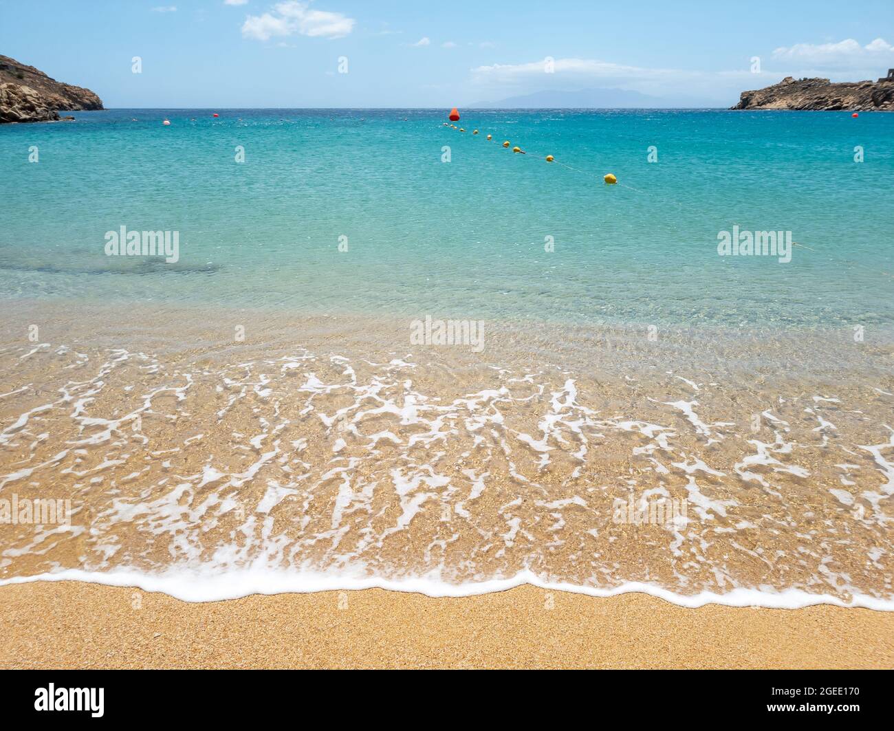 Super Paradise empty sandy beach background Mykonos island, Cyclades ...