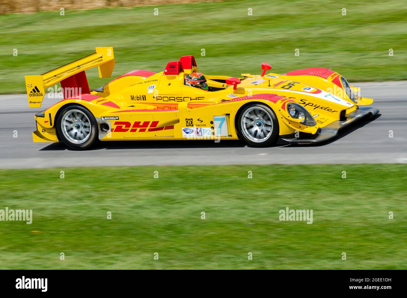 Porsche RS Spyder, LMP2 Porsche racing car driving up the hill climb ...