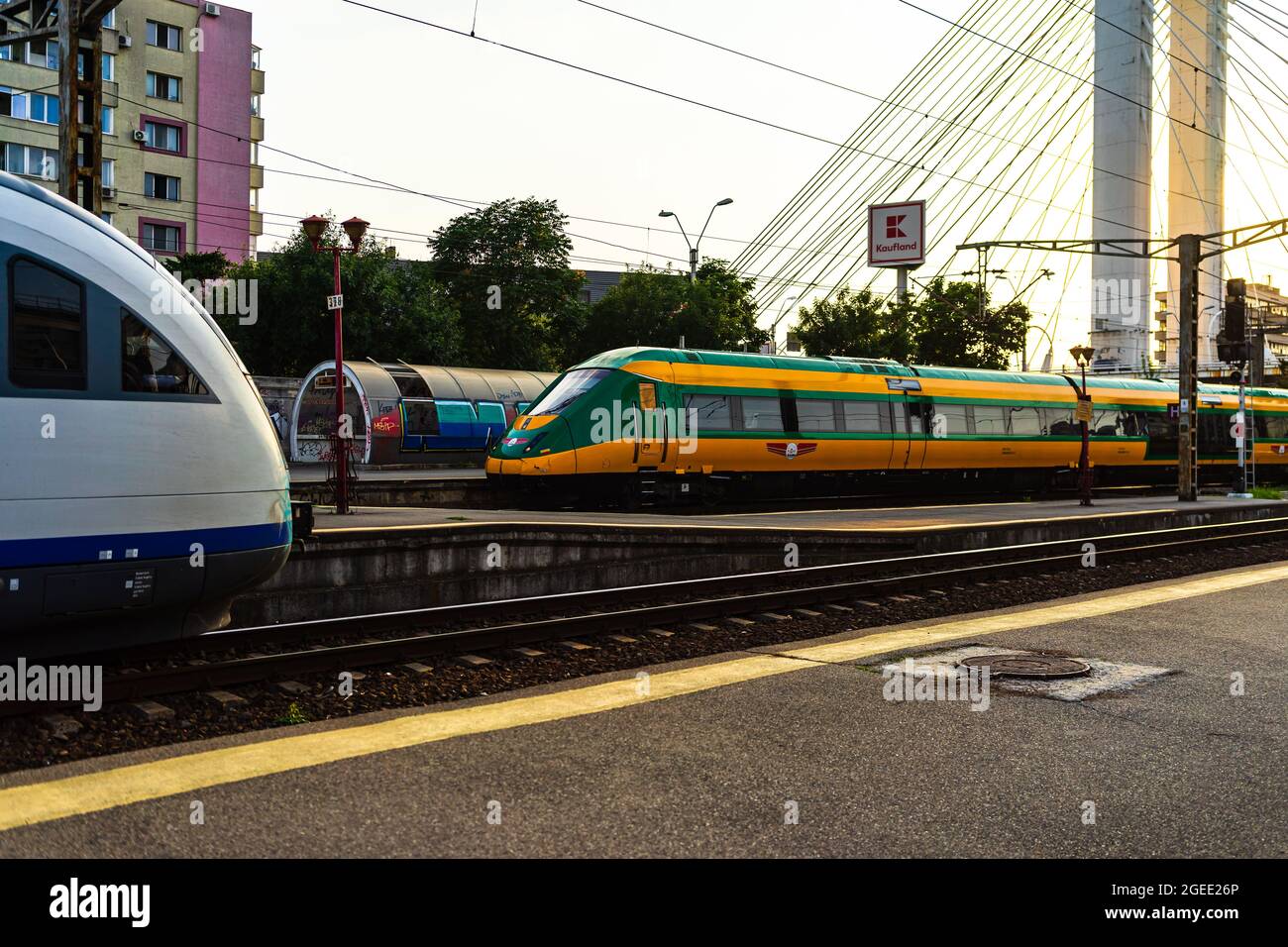 Detail of train in motion at train platform at Bucharest North Railway ...