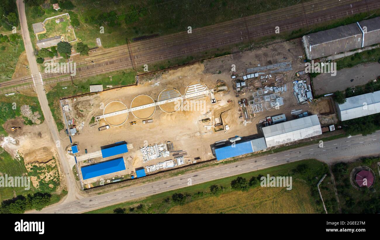 Aerial view of modern grain elevator. Wheat storage building, building ...