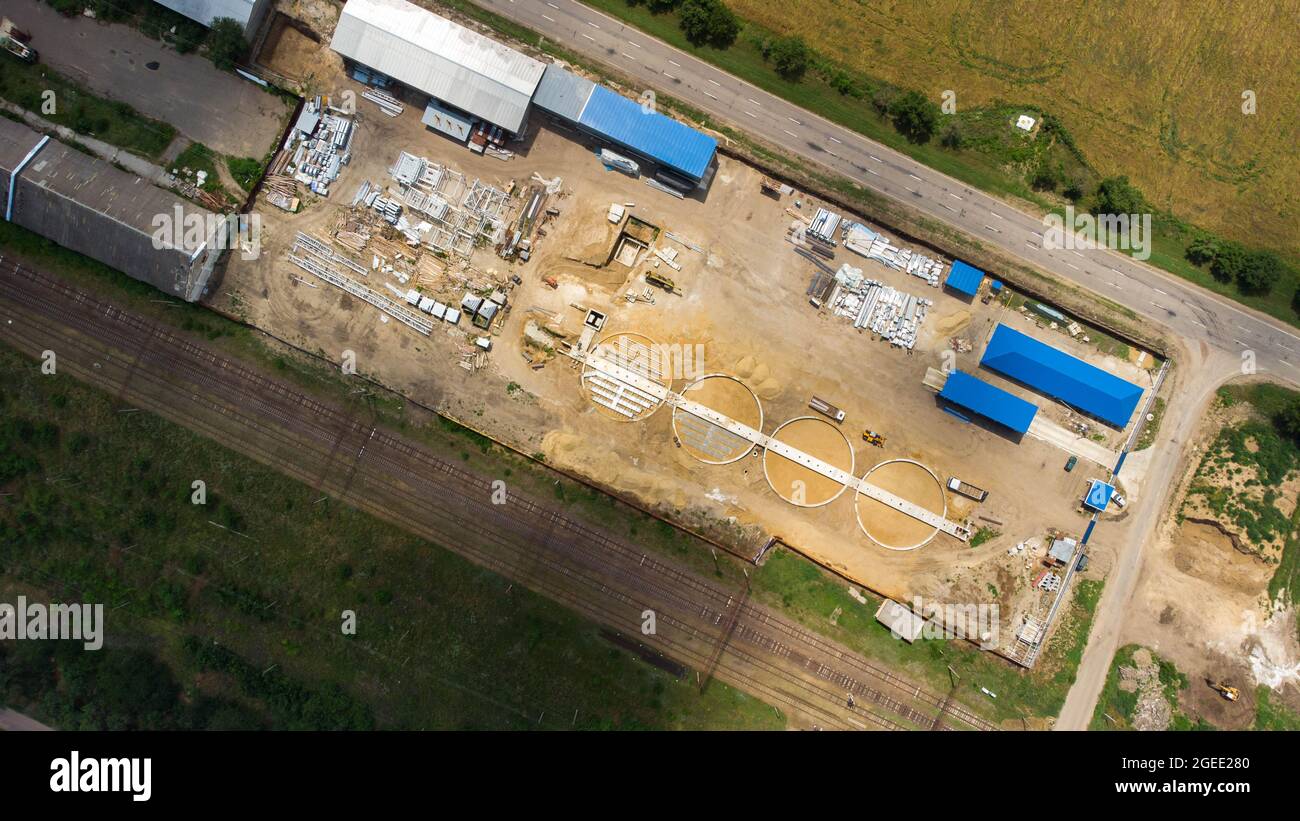 Aerial view of modern grain elevator. Wheat storage building, building ...