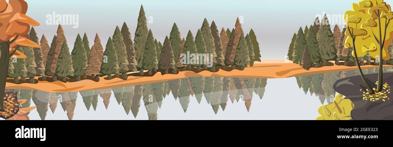 Realistic mixed forest reflected in the river - Vector illustration ...