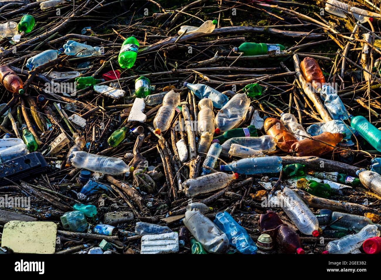 Dirty polluted waste water with garbages. Environment pollution concept ...