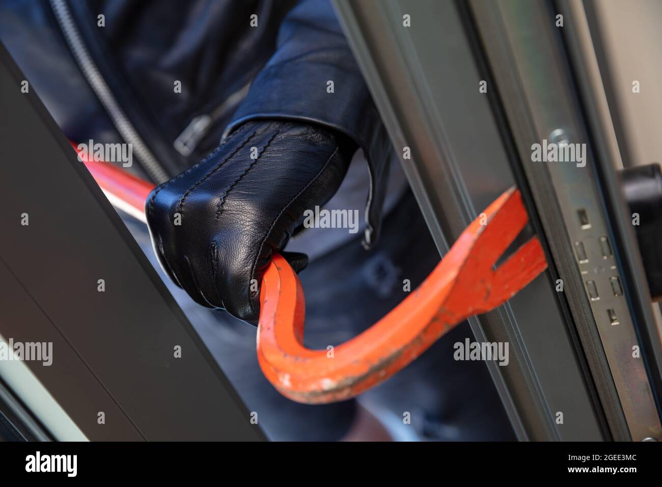 Housebreak with crowbar. Burglar wearing leather gloves breaking a ...