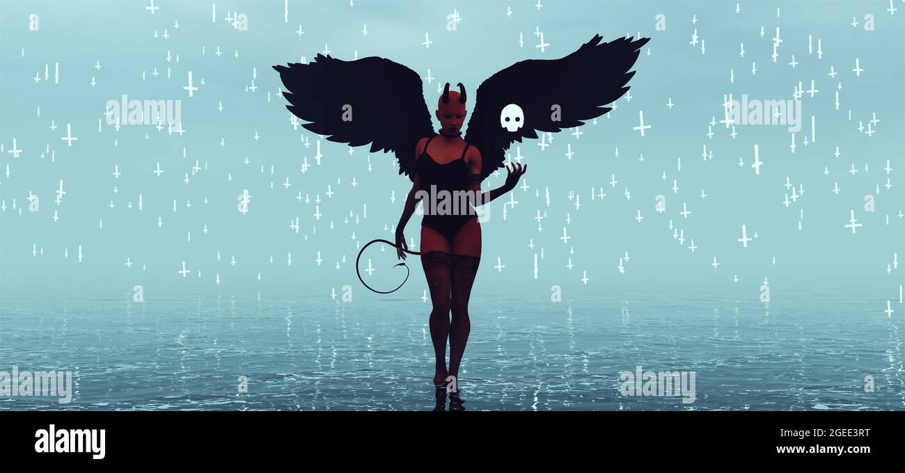 Red Devil Woman Fallen Angel with Horns Black Wings in Black Standing ...