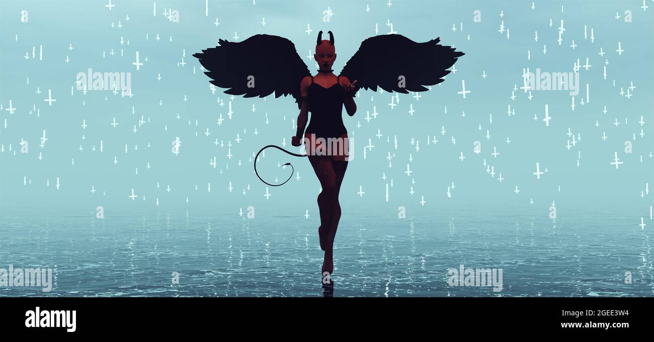 Red Devil Woman Fallen Angel With Horns Black Wings In Black Floating Above Water And Floating