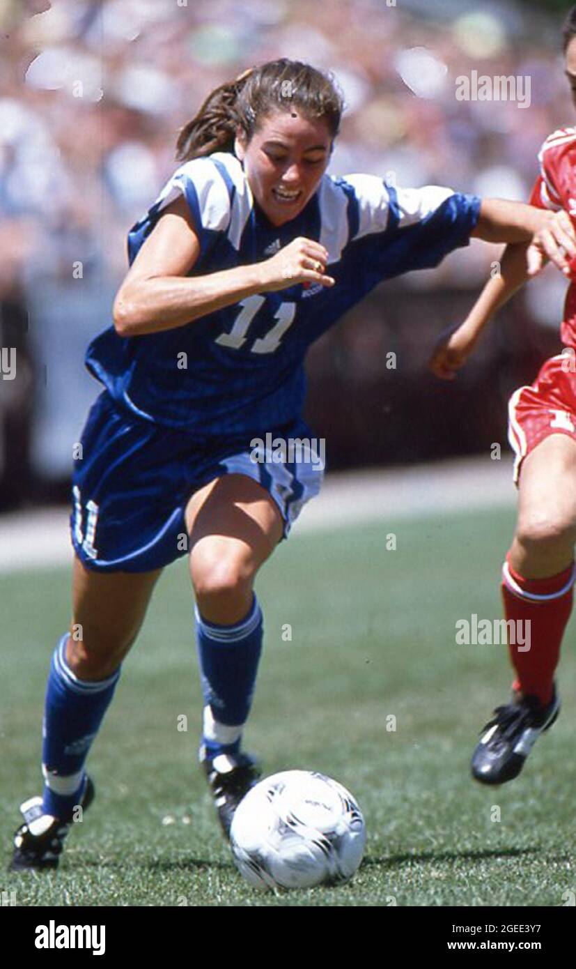 US women soccer star Julie Foudy in action against Canada in 1998 Stock ...