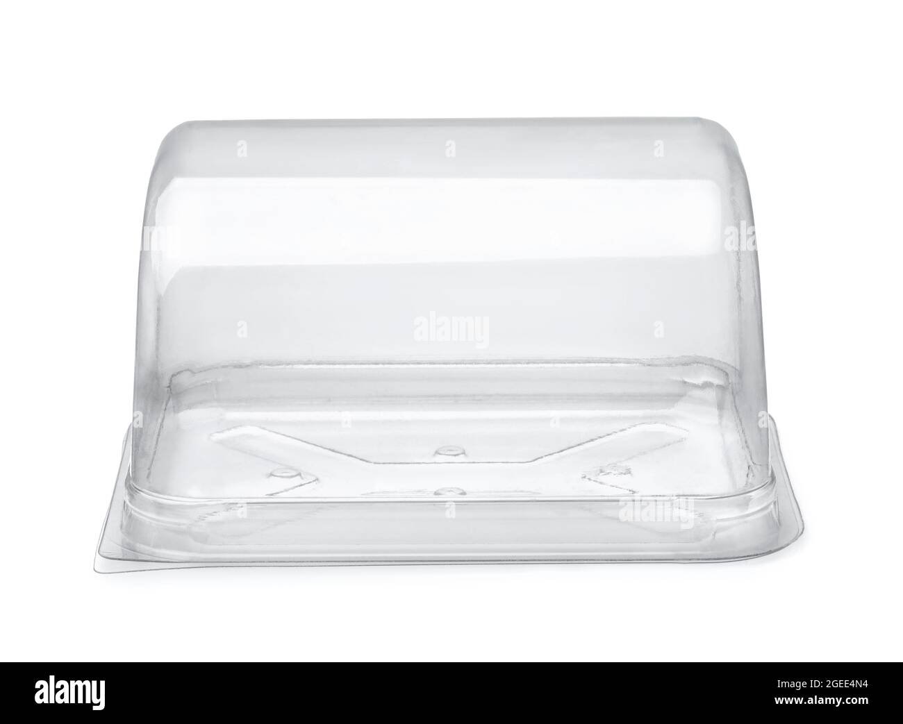 Front view of empty disposable plastic cake container isolated on white ...