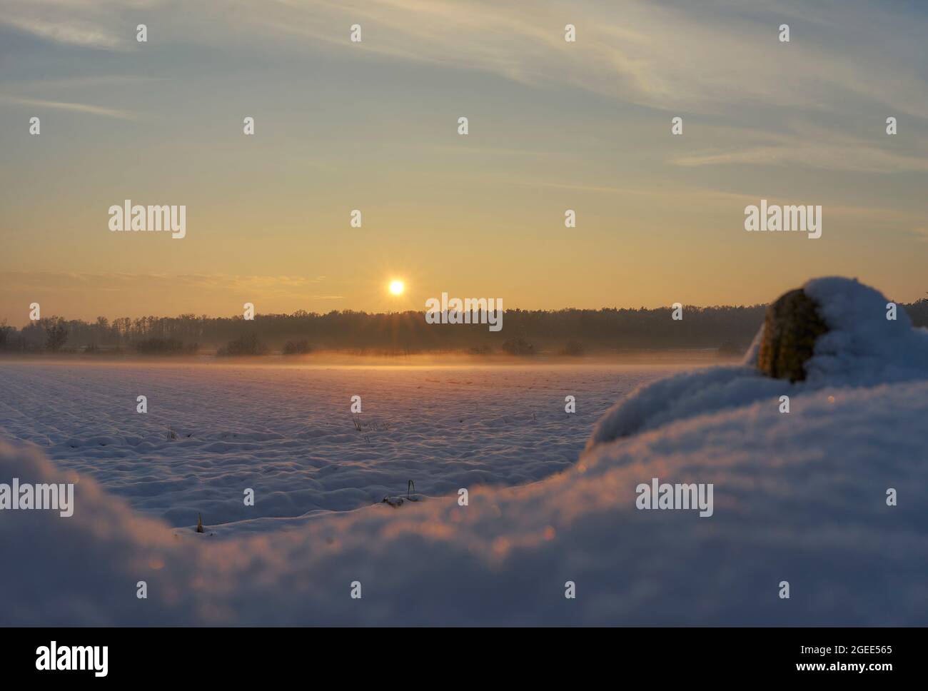 Snow-covered hazy field in the rays of the setting winter sun Stock ...