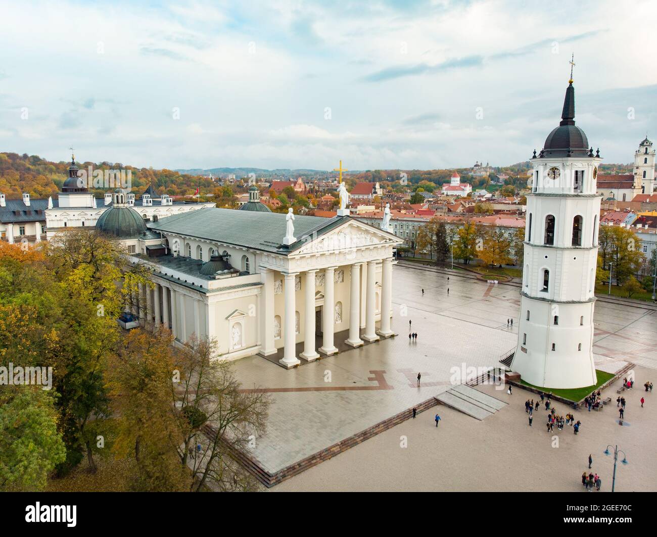 Aerial view of The Cathedral Square, main square of Vilnius Old Town, a ...