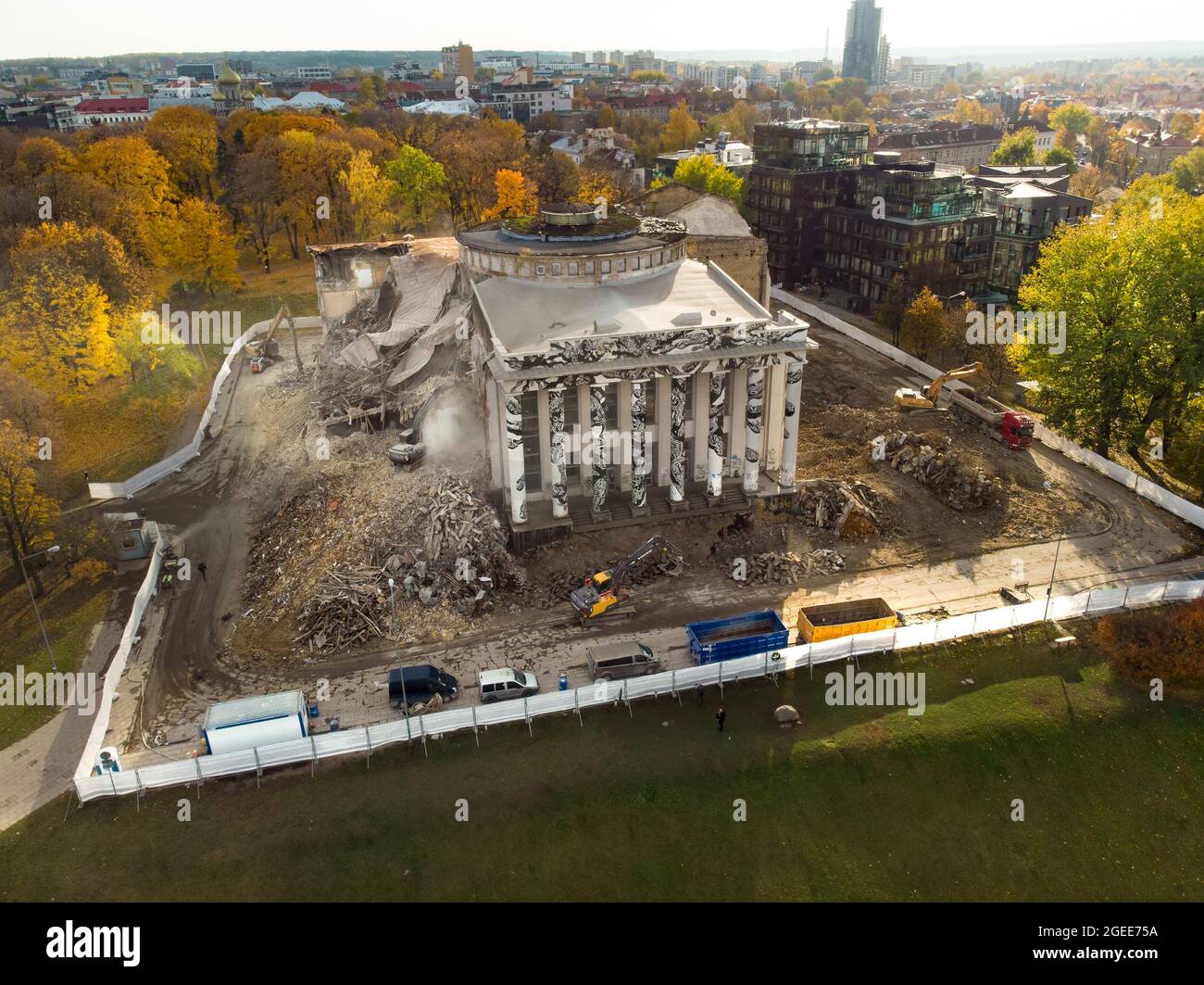 VILNIUS, LITHUANIA - OCTOBER 2019: Aerial view of demolution process of ...
