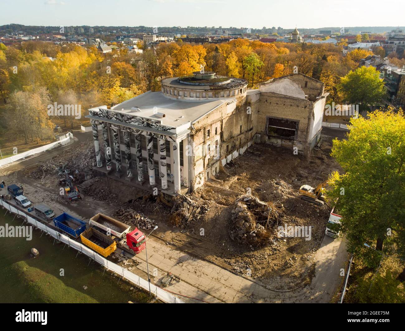VILNIUS, LITHUANIA - OCTOBER 2019: Aerial view of demolution process of ...